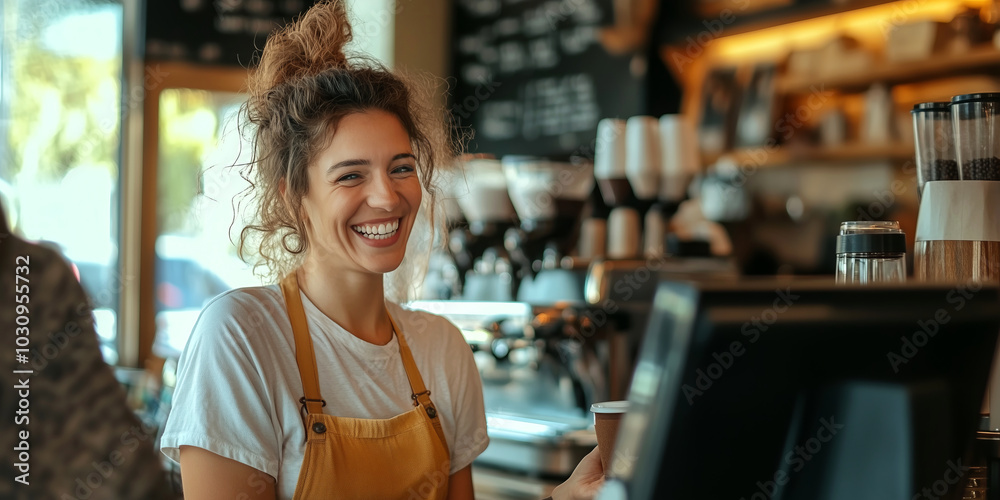 Cheerful barista serving customer a cup of coffee at coffee shop. Happy ...
