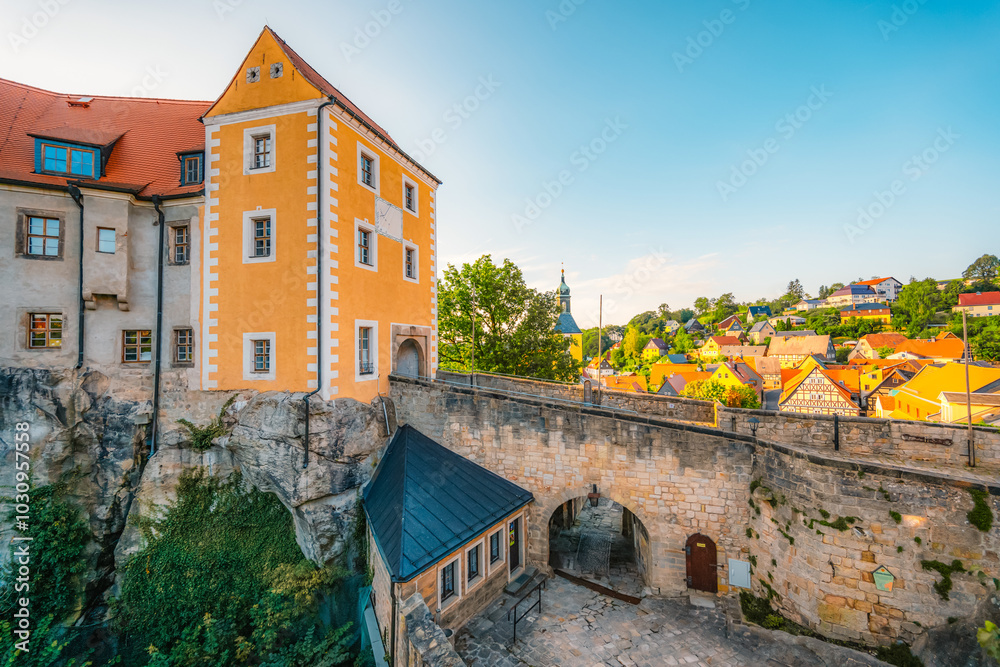 Village Hohnstein with Hohnstein castle and medieval half-timbered ...