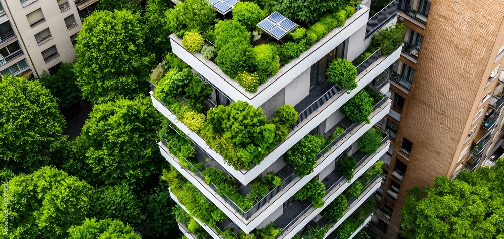 A vibrant, eco-friendly urban environment featuring green rooftops ...