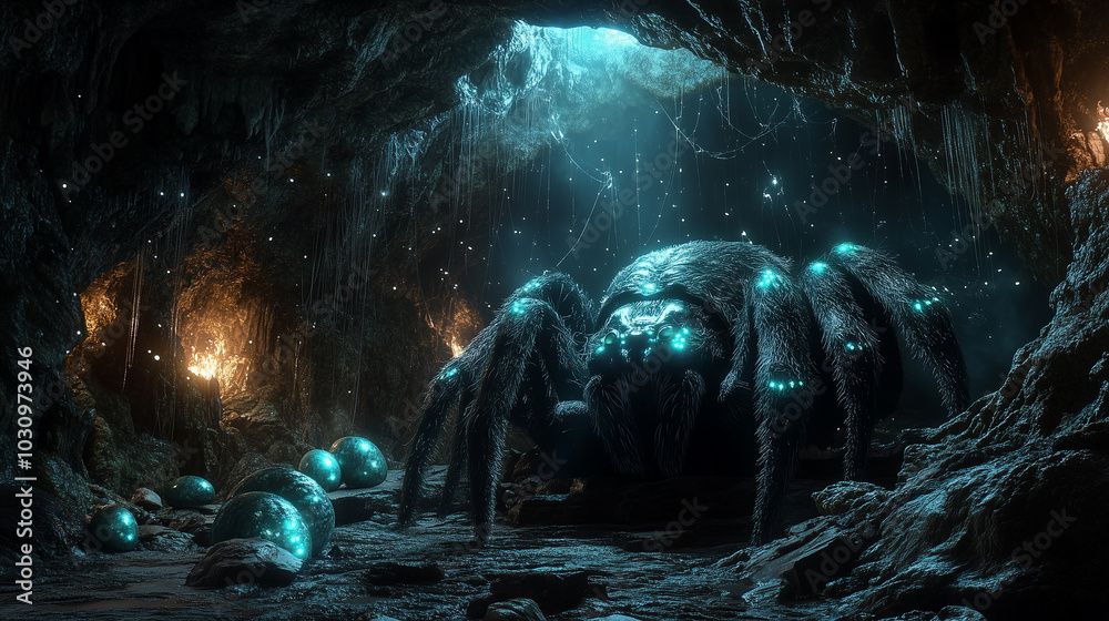 Giant bioluminescent spider resting in a mystical cave filled with ...