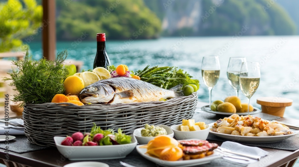 Delicious grilled fish and prawns are presented alongside fresh salad ...