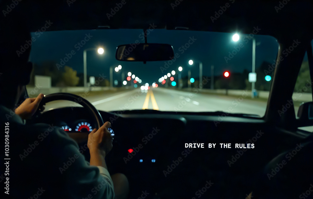 Night driving scene: The instrument panel is clearly visible, the road ...