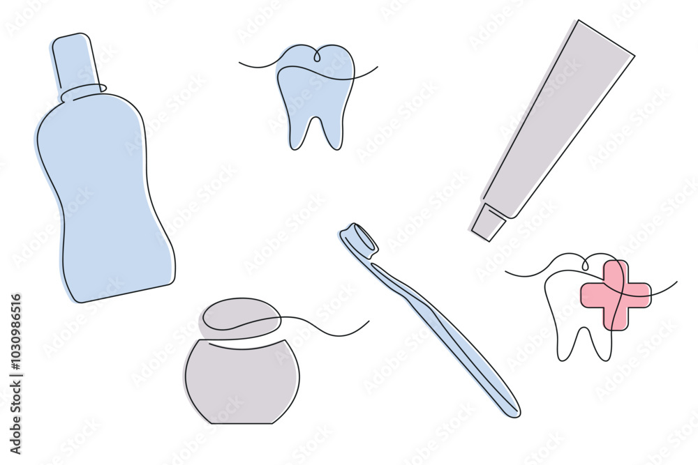 Dental set in one continuous line in color. One line drawing ...
