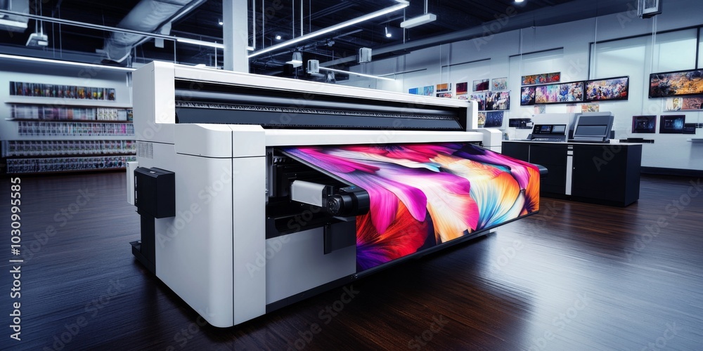 Showcase of a high-resolution large format printer mockup. Stock Photo ...