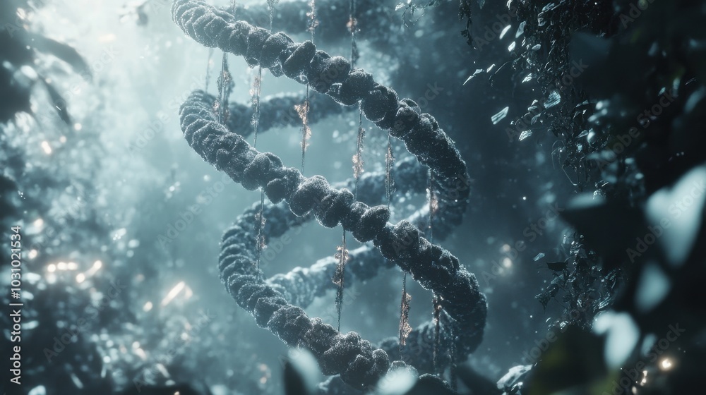 Frozen DNA strand in a mystical forest setting with shimmering light ...
