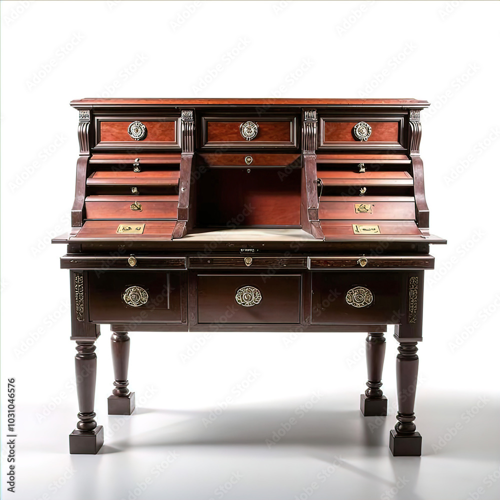 19th century antique bureau writing desk, full length, isolated on ...