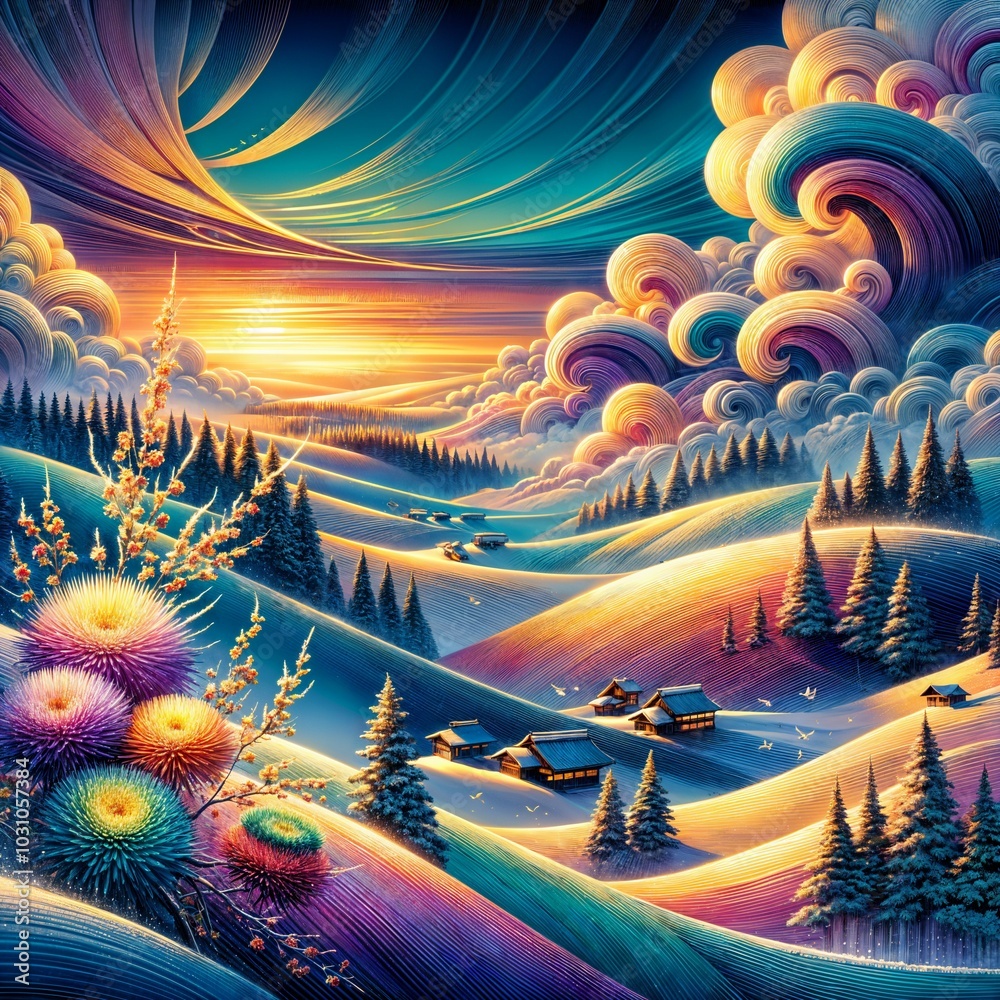 Vibrant swirls of color depict a fantastical landscape with rolling ...