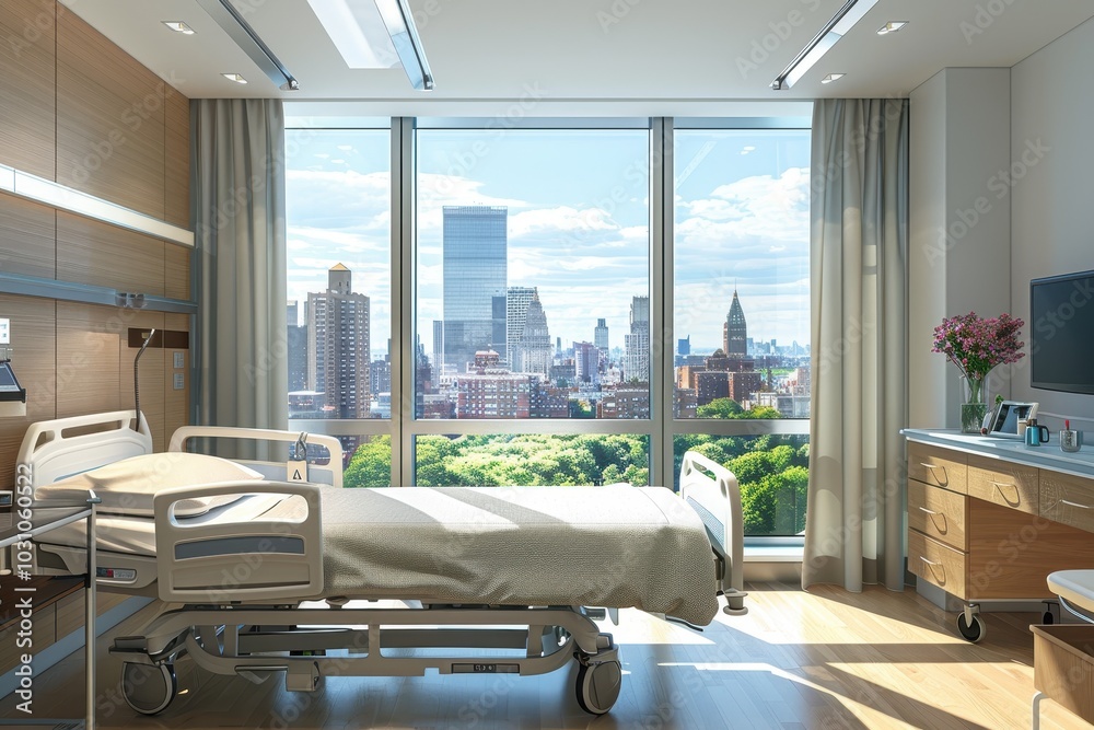 A modern hospital room with panoramic city view featuring a green ...