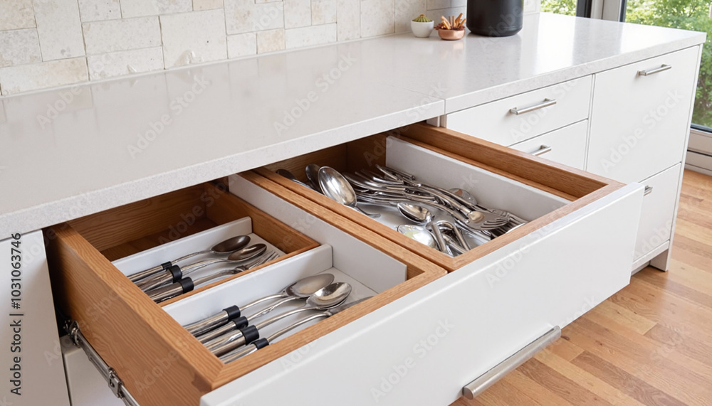 Well-organized kitchen drawers with neatly arranged silverware and ...