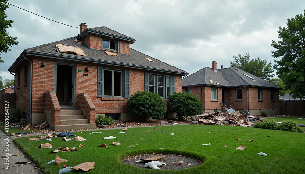 Damaged house exterior with debris scattered in front and cloudy sky ...