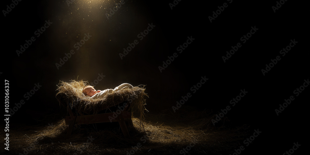 New Born Jesus Christ in Manger Under Magic Light Banner with Copy ...