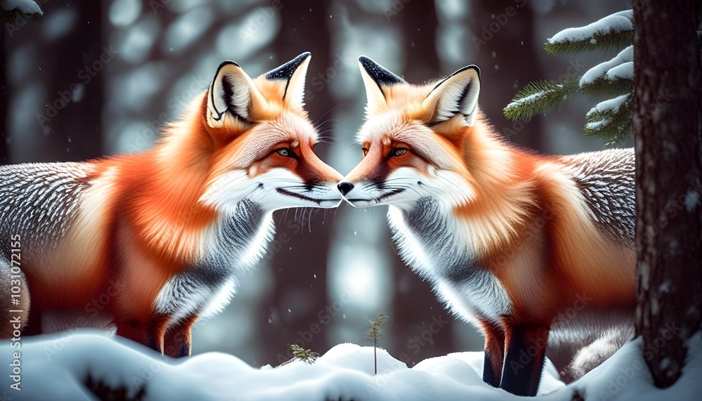 Affectionate moment between two young red foxes touching noses in ...