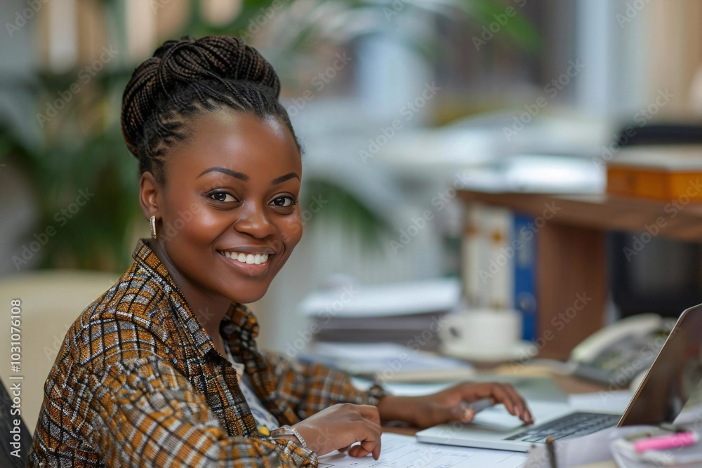 African accountant woman sitting at her desk in the office, smiling as ...