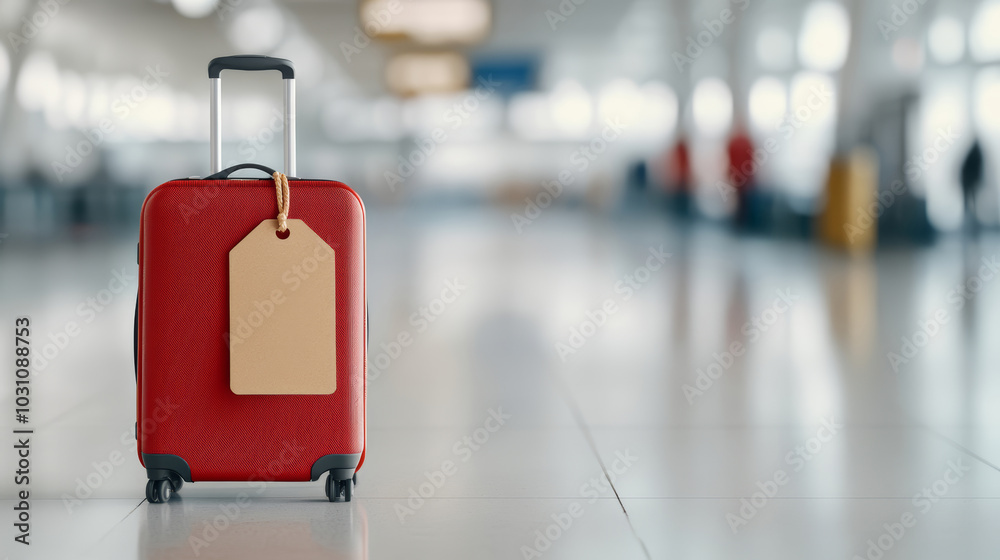 Empty luggage tag on a red suitcase in a bustling airport terminal ...