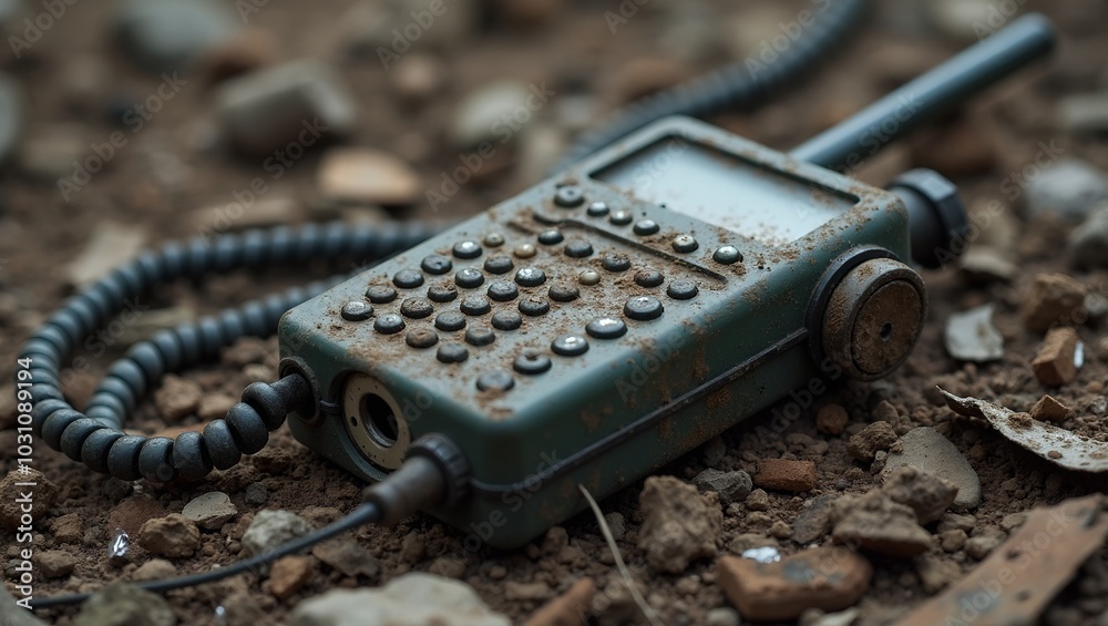 Vintage field radio with broken antenna in debris symbolizing lost ...