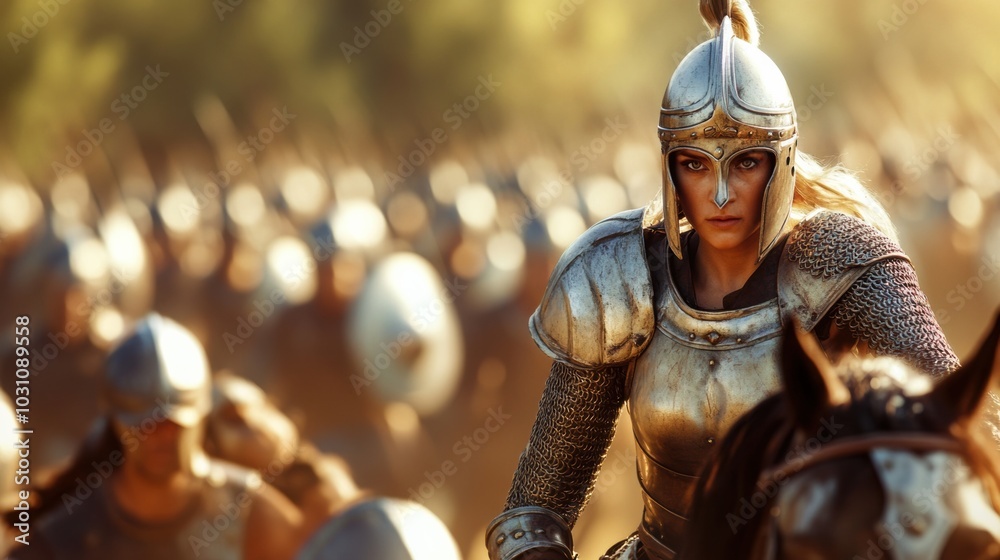 Warrior woman in shining armor leads a cavalry charge into battle, AI ...