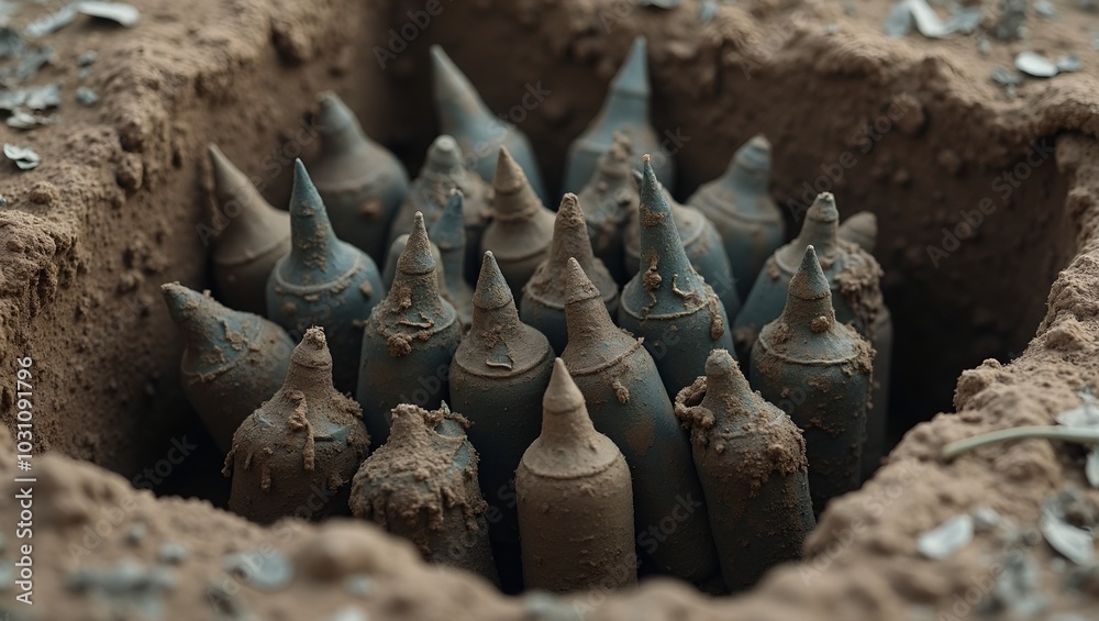 Cluster of mortar shells in trench tips up mud caked casings Stock ...