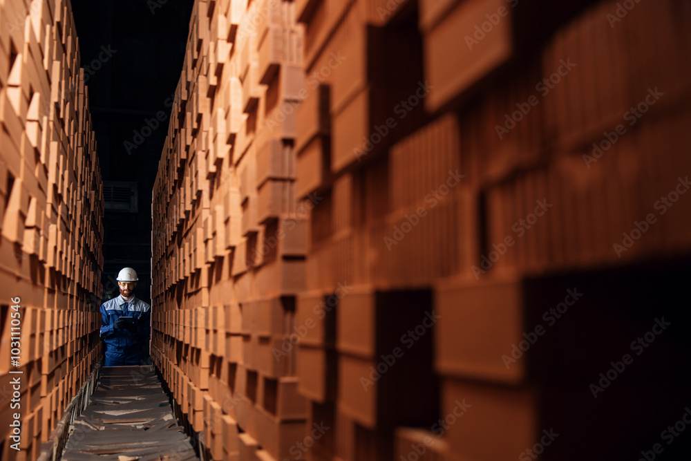 Man factory worker control conveyor belt with raw brick on production ...