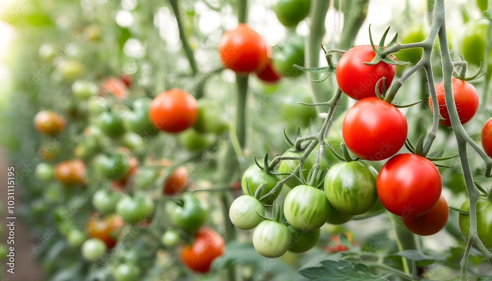 Lush variety of tomatoes thriving on the vine in a greenhouse ...