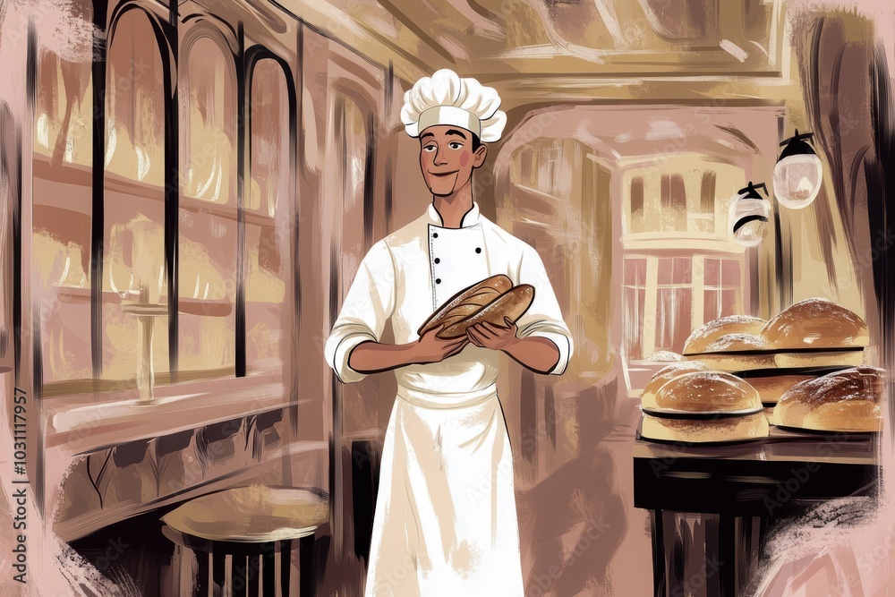 Classic French bakery scene featuring a smiling baker with fresh bread ...