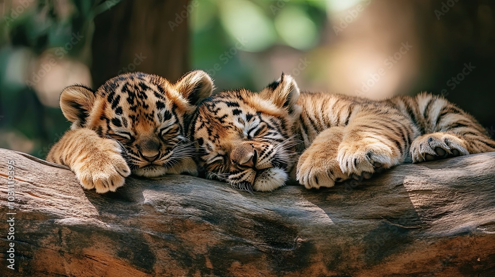 Two adorable tiger cubs sleeping peacefully on a tree branch in a lush ...