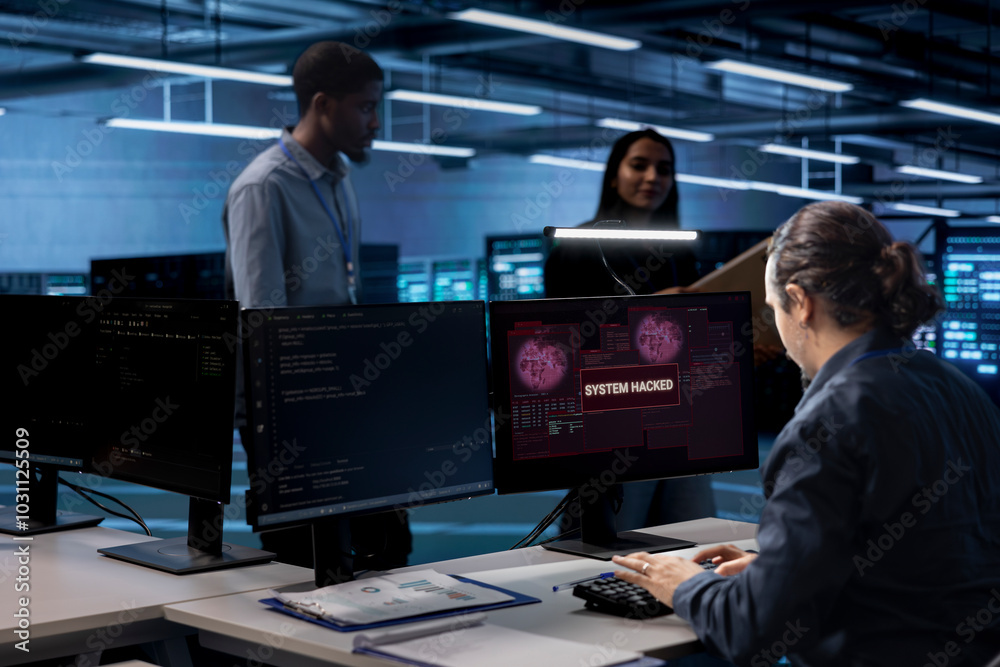 Admin in server hub trying to protect hardware from hacker attack ...