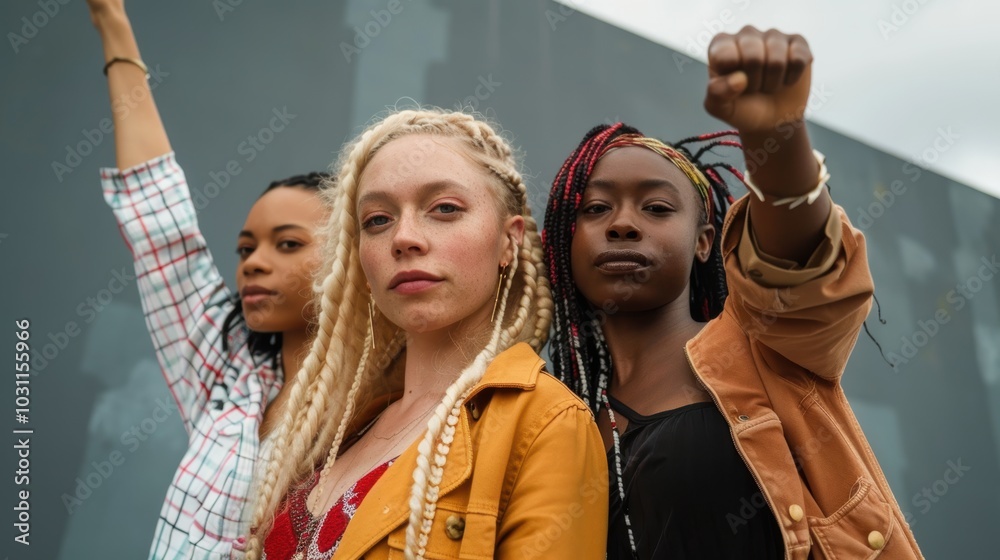 Various female activists rallying with raised fists to advocate for ...