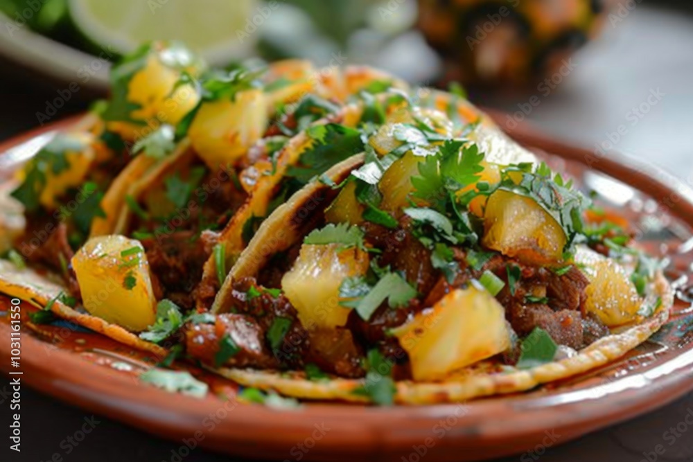 Tacos al Pastor: A plate of tacos al pastor with pineapple and cilantro ...