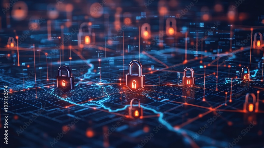 Futuristic Digital Security Concept with Glowing Locks on a Circuit Board Background ...