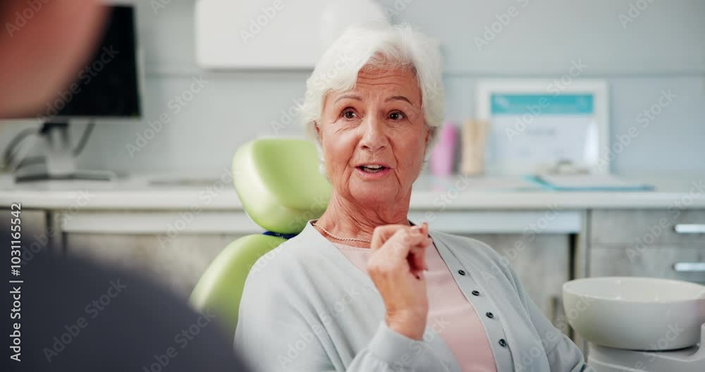 Consultation, talking and mature woman with dentist, cavity and showing ...