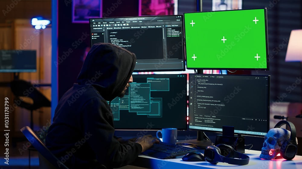 Hacker Coding On Isolated Screen Computer Monitors Developing Zero Day