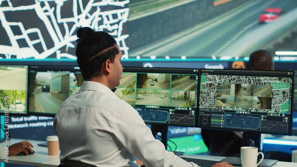 Team of employees monitoring delivery trucks with gps coordinates on ...