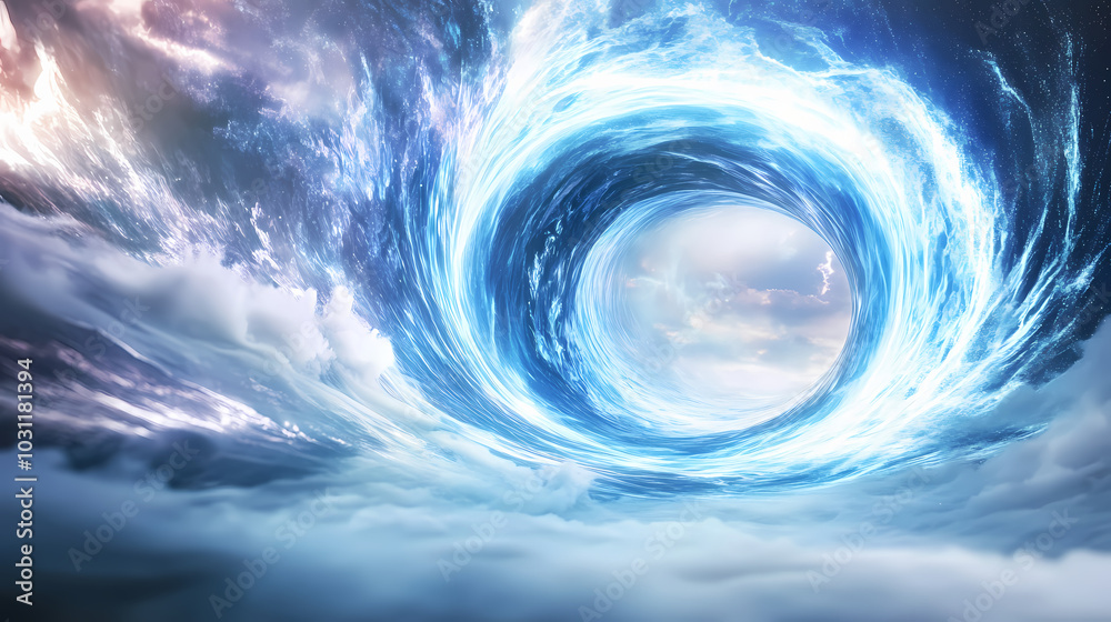 Magical portal opening, with swirling vortex and light beams on white ...