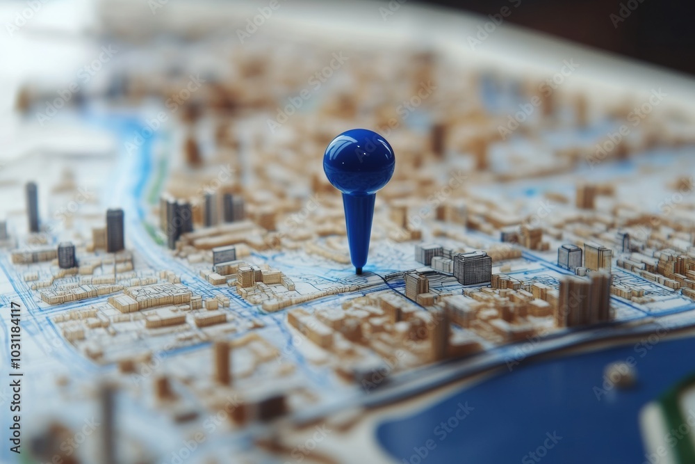A blue pin highlights a specific location on a detailed city map during ...