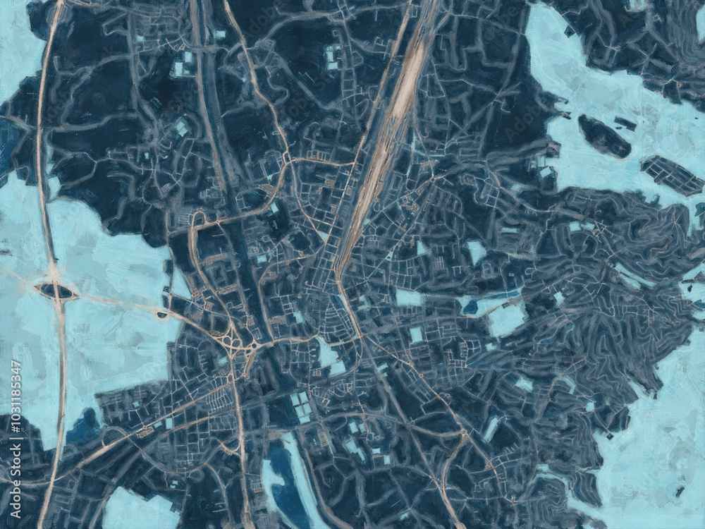 Painterly Style City Map of Offenburg, Germany in a Blue Color Scheme ...