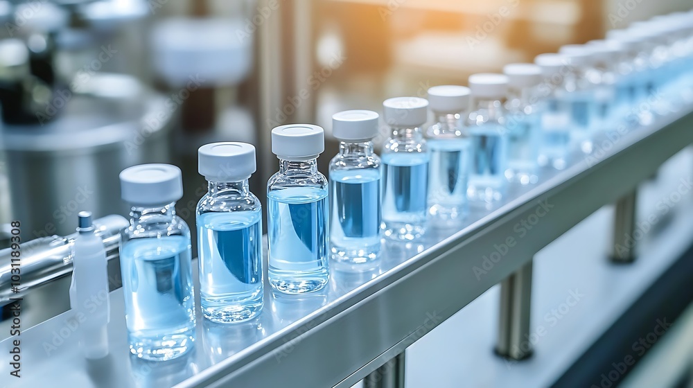 Glass vials on a pharmaceutical production line, representing ...