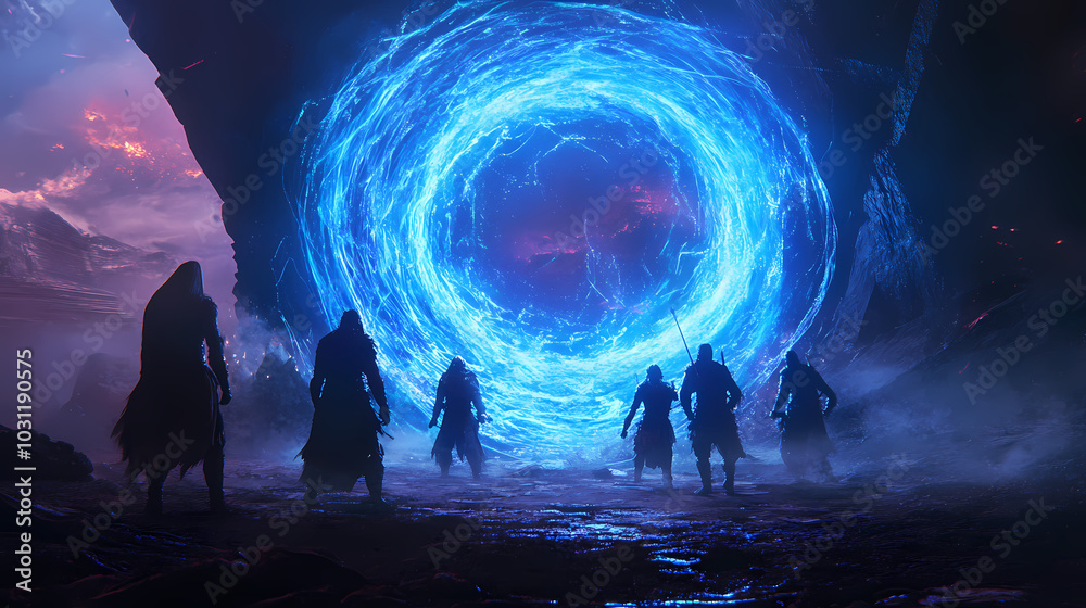 Rendering a group of warriors entering a portal, a teleportation portal ...