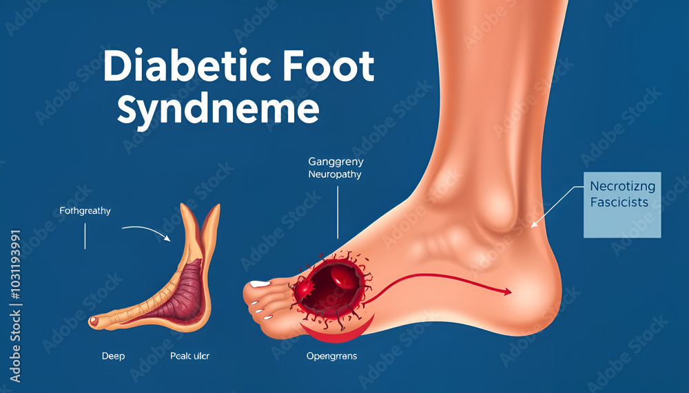 Stages of diabetic foot syndrome. Deep ulcer, open wound on the foot ...