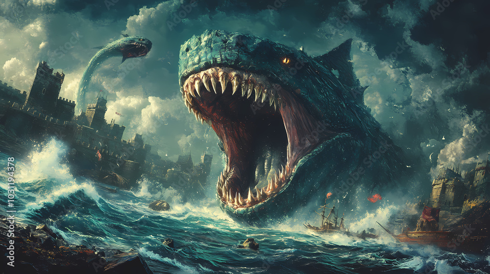 The leviathan's wrath: a colossal sea monster, jaws agape in a fearsome ...