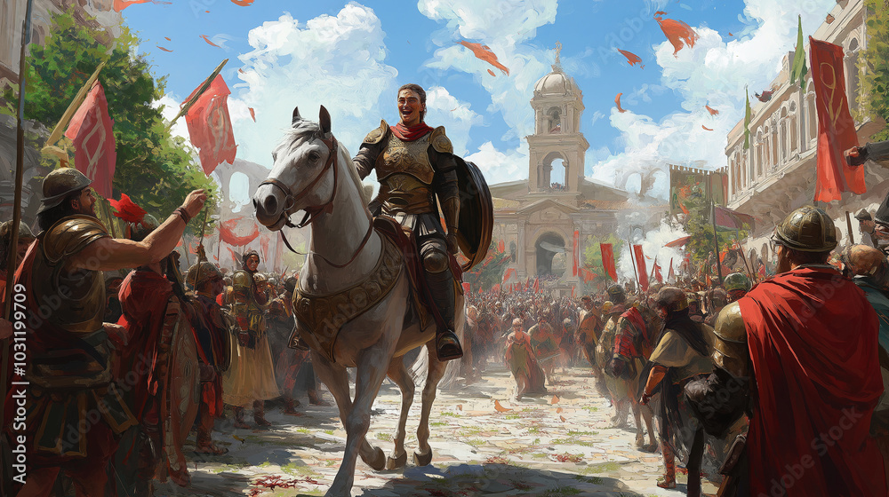 Ancient Roman hero riding a horse with a crowd celebrating in a plaza ...