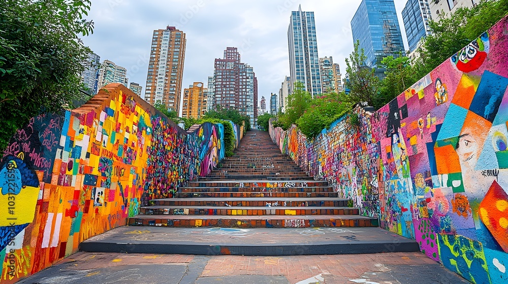 Urban jungle of 1960s, skyscrapers dominate the skyline, while vibrant ...