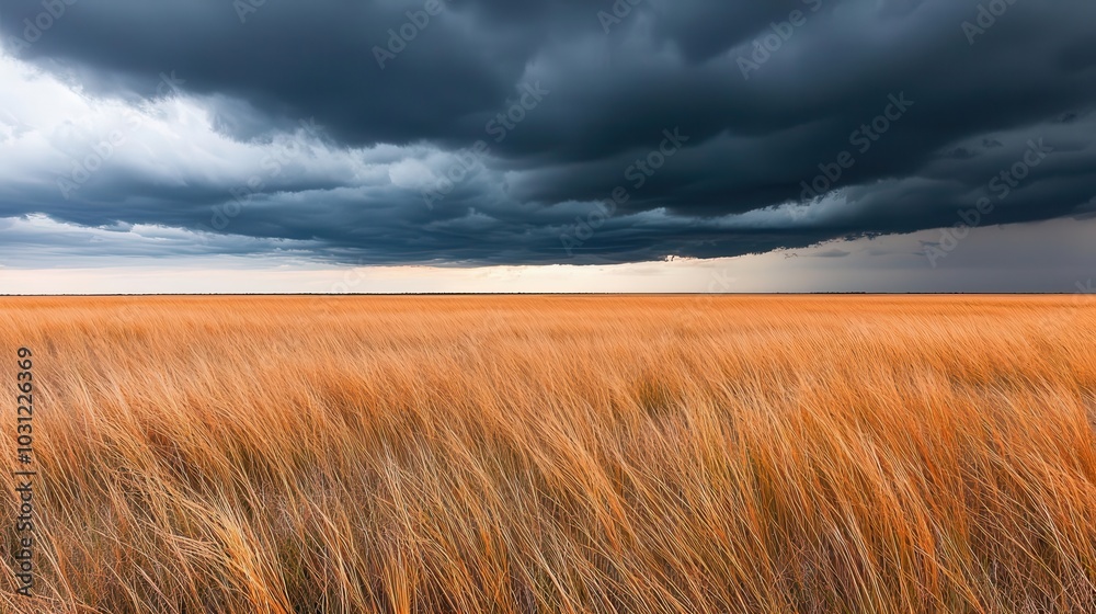 Wide-open savannah with tall grass bending under the gentle rain, storm ...