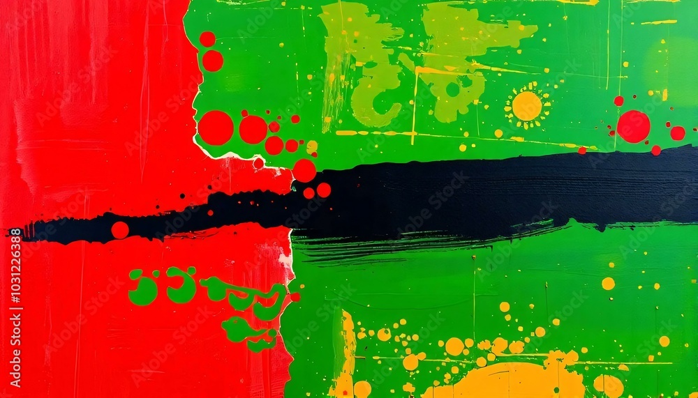 The image is an abstract painting with a large red section on the left ...