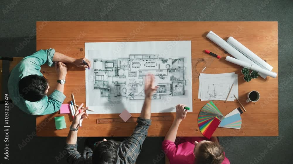 Group of people looking at blueprint while brainstorming idea. Top view ...