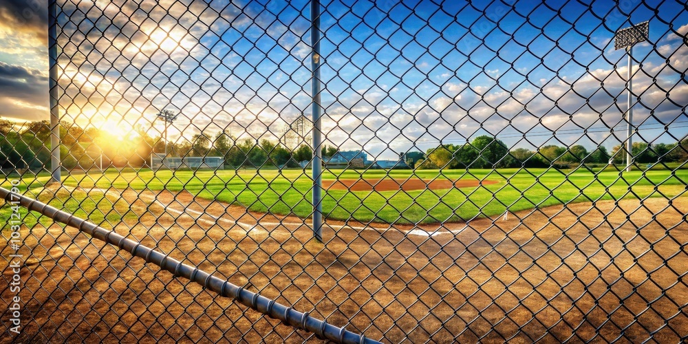 Tilted view of baseball field beyond a fence, softball, baseball, field ...
