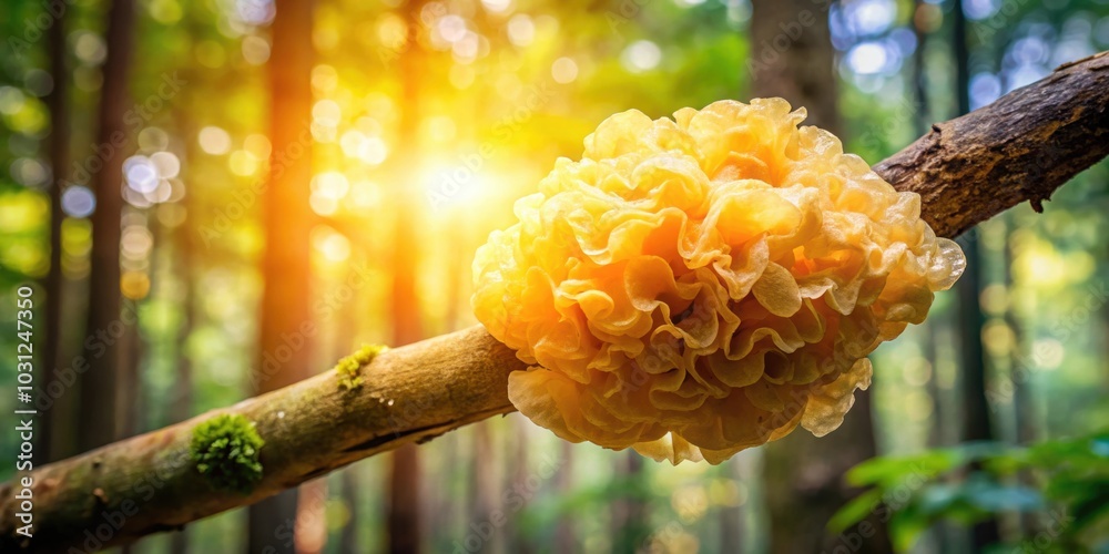 Tremella mushroom hanging from tree branch in forest with light shining ...