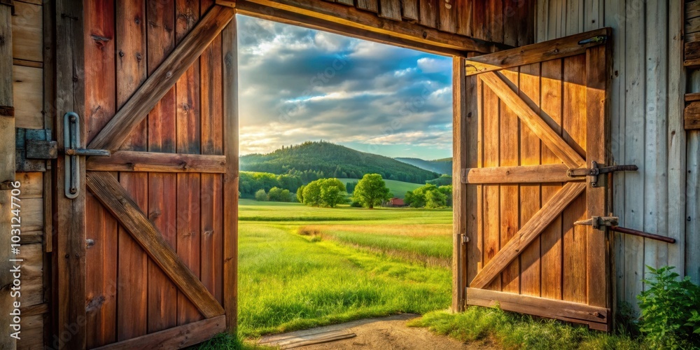 Rustic barn door opening up in a beautiful countryside setting, barn ...