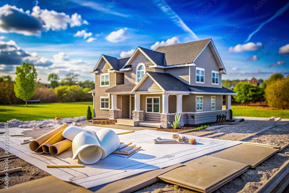 Aerial View of Model Home with Construction Plans and Blueprints for ...