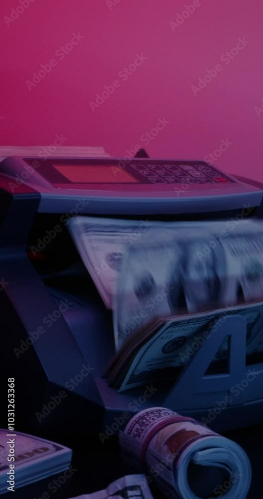 A man's hand with a ring inserts a stack of hundred-dollar bills into ...