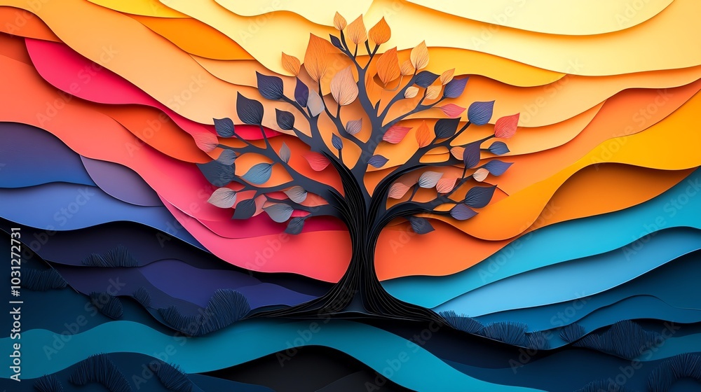 Abstract tree silhouette with layered geometric paper cut shapes ...